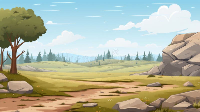 Cartoon Prehistoric Game Asset: Prairie with Trees, Stones, and Hill ...
