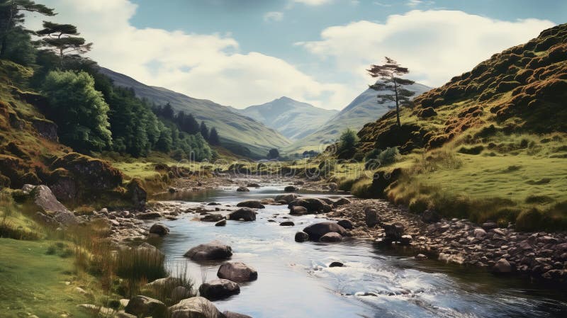Realistic Landscape: River and Hill Stock Illustration - Illustration ...