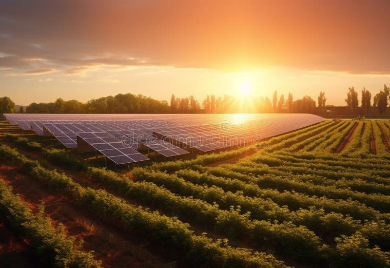 Solar Farm with Rows of Solar Panels in the Sunset Stock Illustration ...