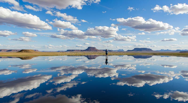 Mirrored Horizon: Person Standing on Reflective Surface Under Cloudy ...