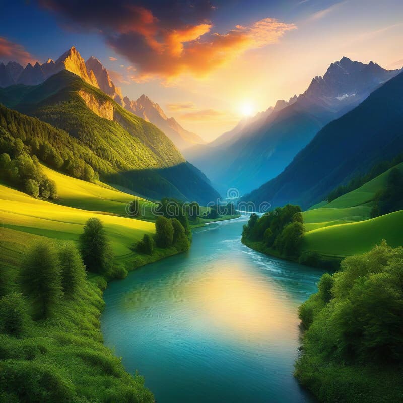 Stunning Landscape with River and Created with Stock Illustration ...