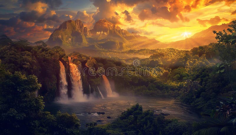 Stunning Landscape River Golden Hour Falls and Mountains. Stock ...