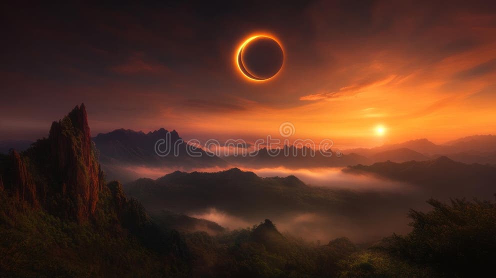 Stunning Landscape with a Solar Eclipse Over Mountain Range at Sunset Stock Illustration ...