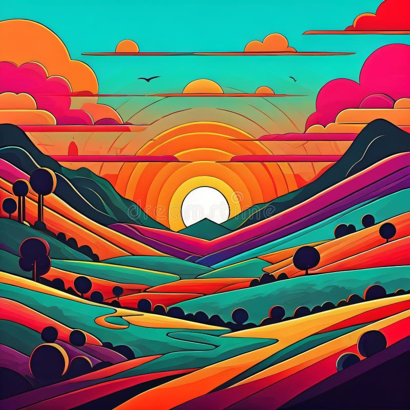 Stunning Landscape Sunset Hues Stock Illustration - Illustration of ...