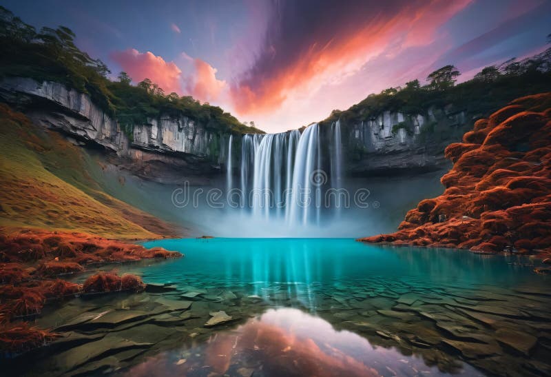 Stunning Landscape, Waterfall at the End of the Lake and Orange Sky ...
