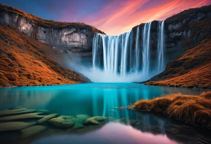 Stunning Landscape, Waterfall at the End of the Lake and Orange Sky ...