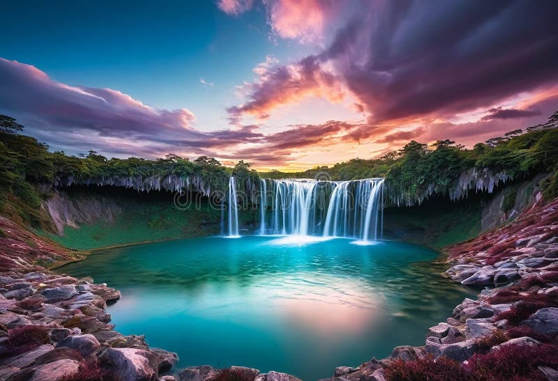 Stunning Landscape, Waterfall at the End of the Lake and Orange Sky ...