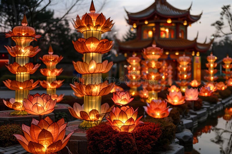 Stunning Lantern Display Featuring Illuminated Lotus Flowers at Dusk in ...