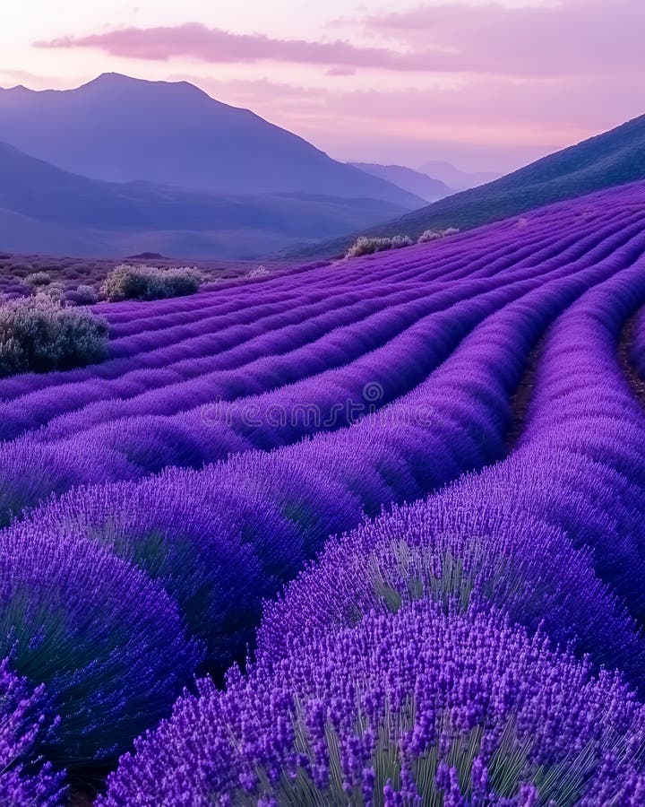 Stunning Lavender Fields Purple Sunset Mountain Landscape Art Sky View Calm Rows Image Stock ...