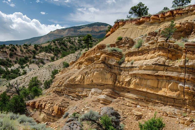 Stunning Layered Sandstone Cliffs in a Mountainous Landscape Stock ...