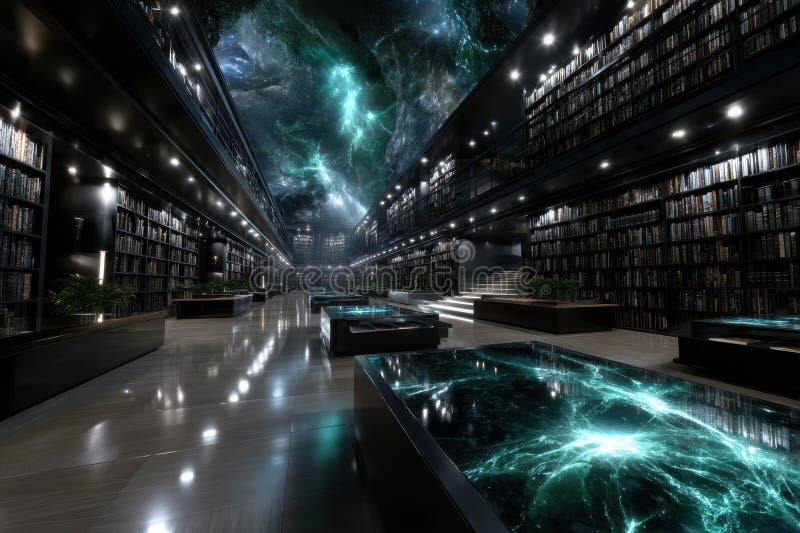 Modern Library Interior with Cosmic Ceiling and Illuminated Bookshelves ...