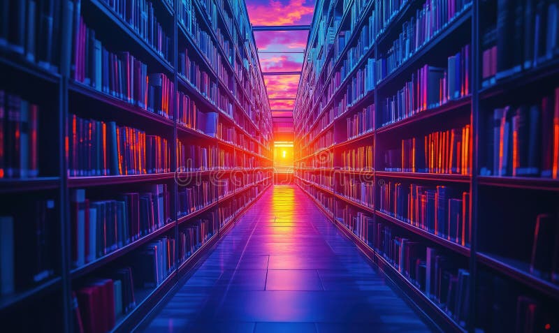 Stunning Library Interior with Vibrant Sunset Illuminating Book Aisles ...
