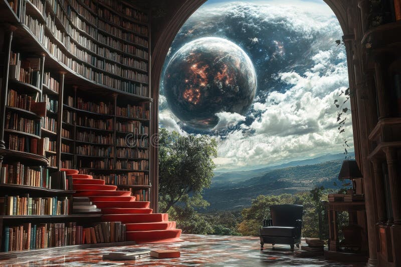Stunning Library with a View of a Mysterious Planet and Dramatic Clouds ...
