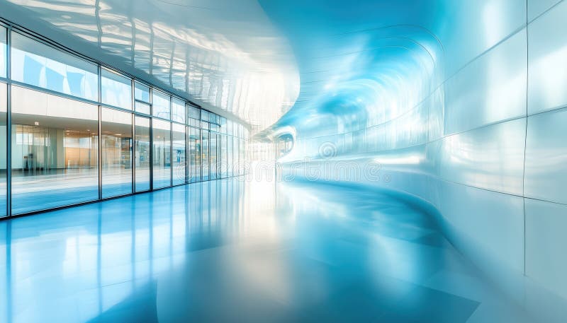 Stunning Light Blue Blurred Panoramic View of a Wide Office or Mall ...