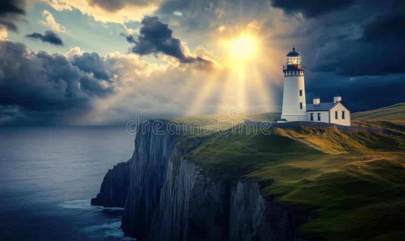 Stunning Lighthouse on Cliffside with Dramatic Sunset and Stormy Clouds ...
