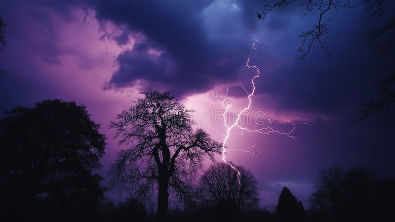 Stunning Lightning Striking through Dark Purple Clouds Over Silhouetted ...