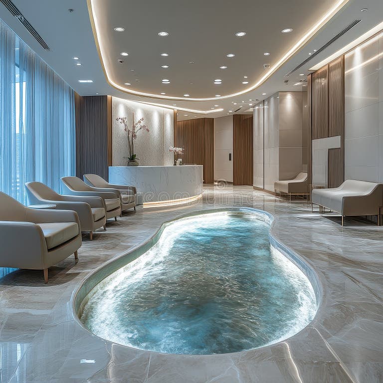 Elegant Lobby Interior with Modern Design Features and Water Elements ...