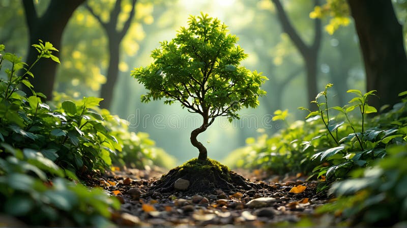 Majestic Lone Tree Surrounded by Greenery in Sunlit Forest Path Stock ...