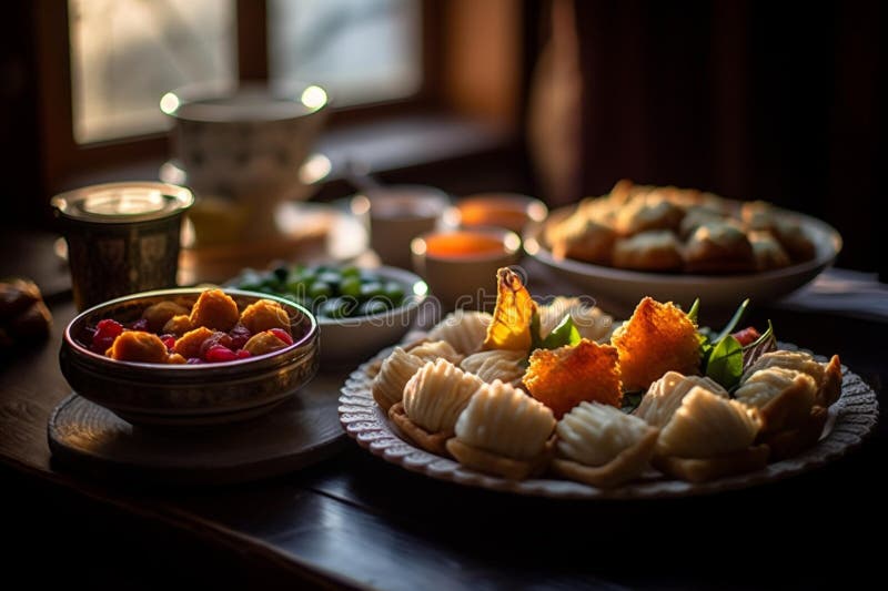 Pre-Dawn Feast: a Spread of Traditional Plates and Sweets Stock ...