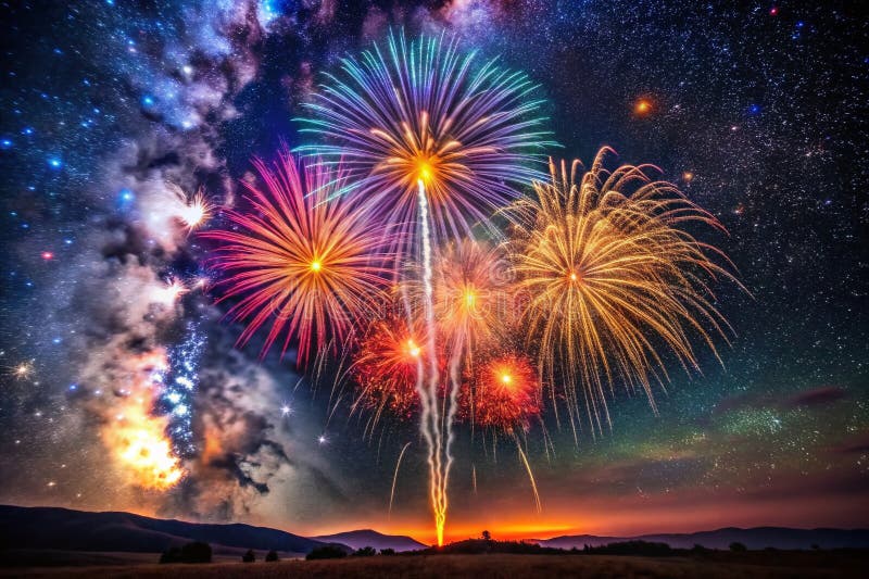 Stunning Long Exposure Fireworks Against a Starry Night Sky a ...