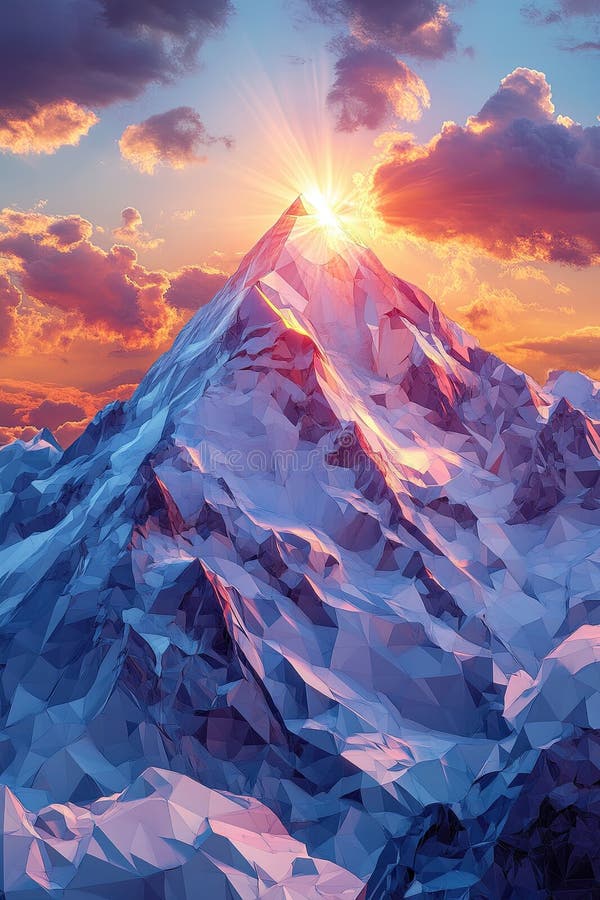 Stunning Low-poly Mountain Peak Illuminated by a Vibrant Sunset and ...