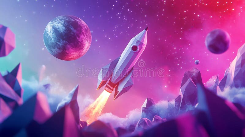 Low Poly Rocket Launching into Vibrant Pink Purple Space Nebula Cosmic ...