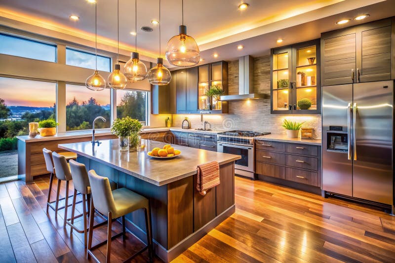 Stunning LShaped Modern Kitchen Design Bokeh Lighting Enhances a Chic ...