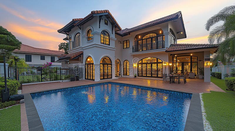 Stunning Luxury Home with Pool at Sunset Stock Illustration - Illustration of beautiful, sunset ...