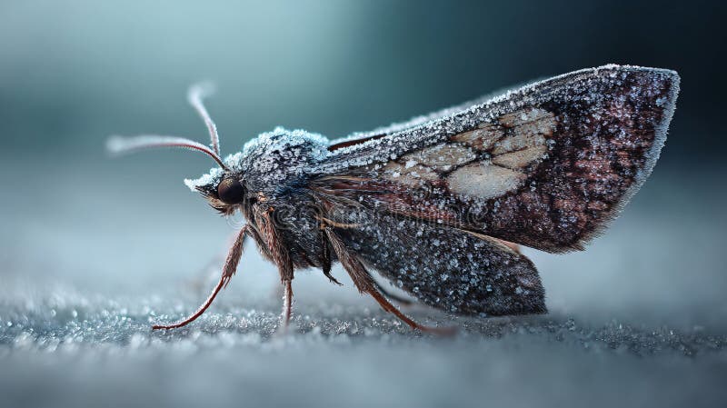 Macro Photo of a Moth Covered in Frost Resting on Icy Ground. Generated ...