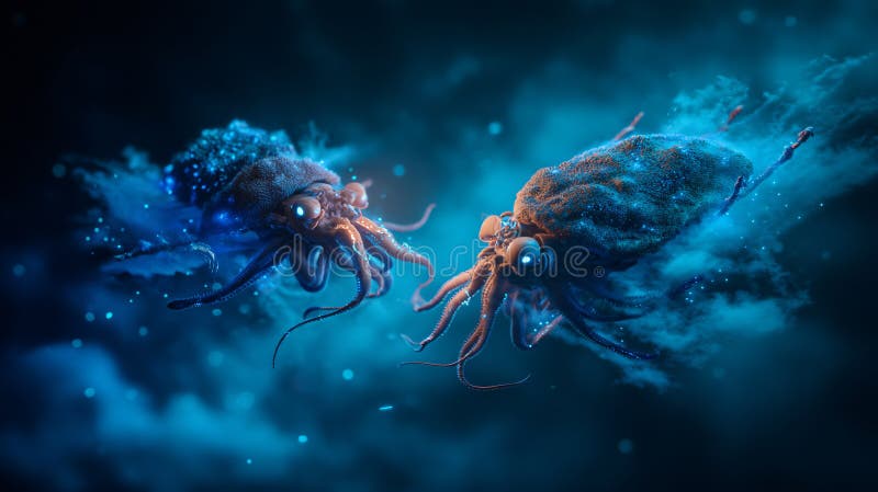 Battle of Glowing Giant Squids in the Midnight Zone. Generated Ai Stock ...