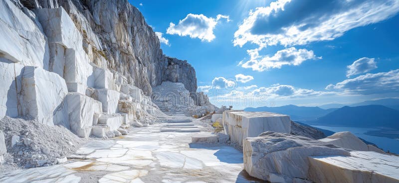 Stunning Marble Quarry Landscape with Bright Blue Sky and Dramatic ...