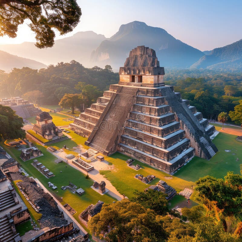 Mayan Pyramid at Sunrise Surrounded by Lush Greenery in an Ancient ...