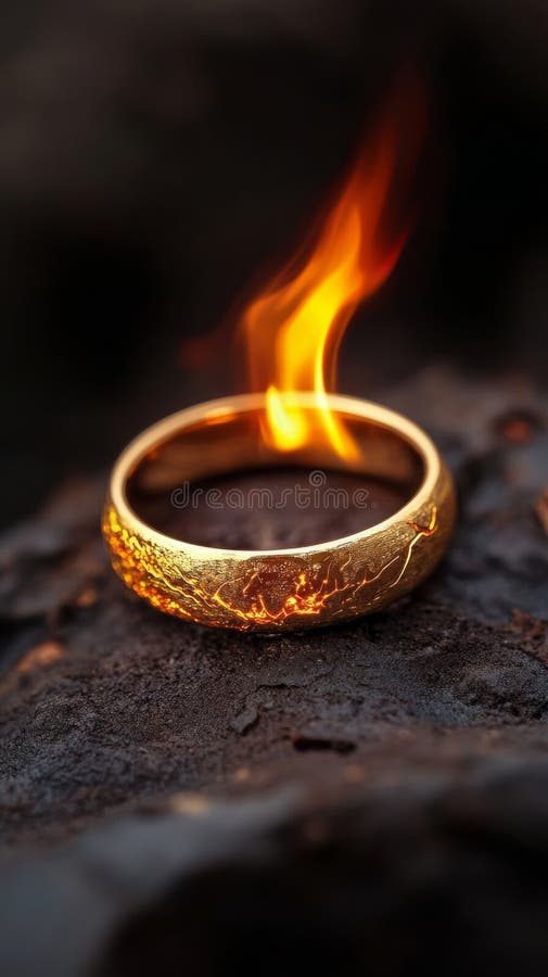 Unique Metal Ring Surrounded by Flames on Textured Surface in Dramatic ...