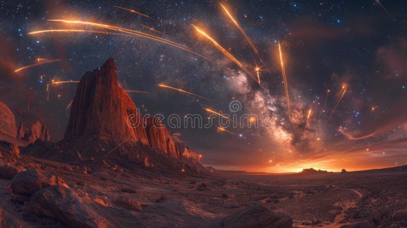 Stunning Meteor Shower Over Desert Landscape - Generative Ai Stock ...