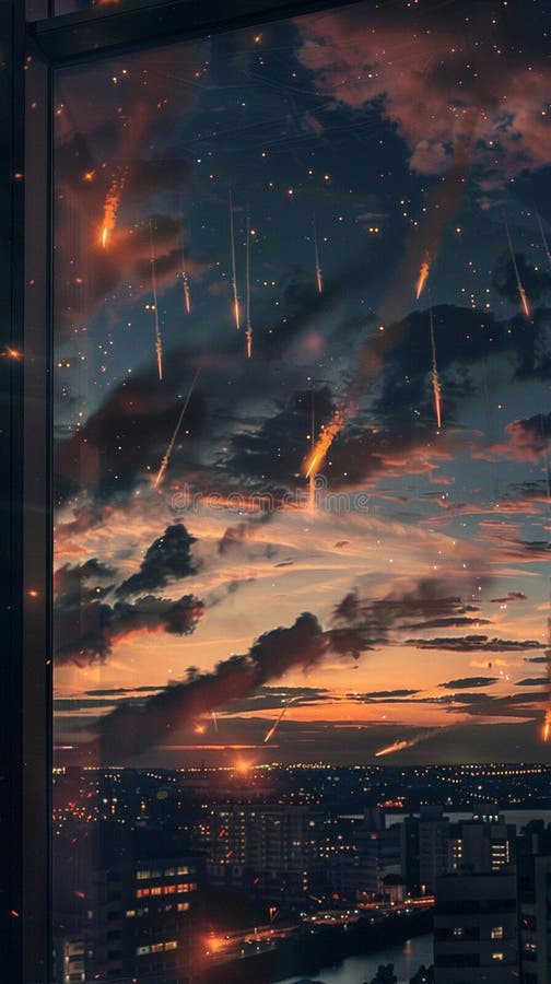 Stunning Meteor Shower at Sunset Over a City Skyline, Blending Dramatic ...