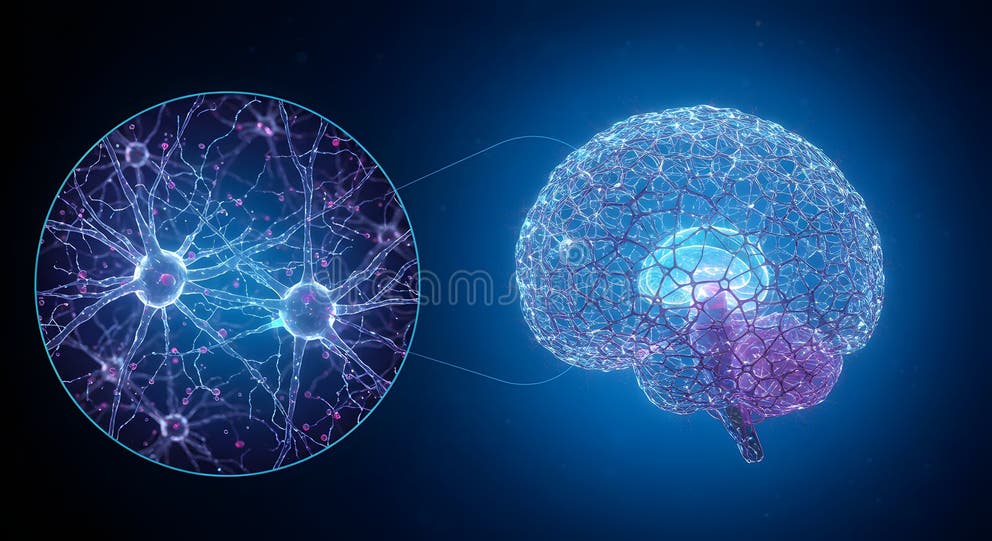 Human Brain Neuron Network, Microscopic View and 3D Model Stock Image ...