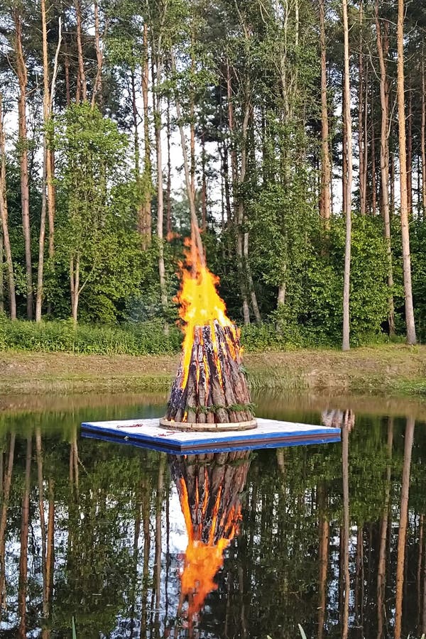 Stunning Midsummer Bonfire Burning on Floating Platform in the Middle ...