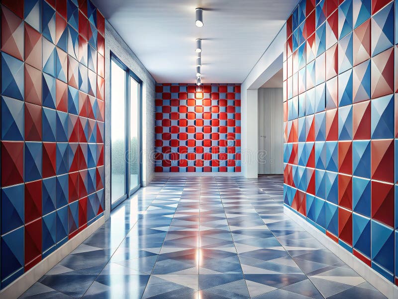 Stunning Minimalist Red and Blue Corridor Geometric Tile Design in a ...
