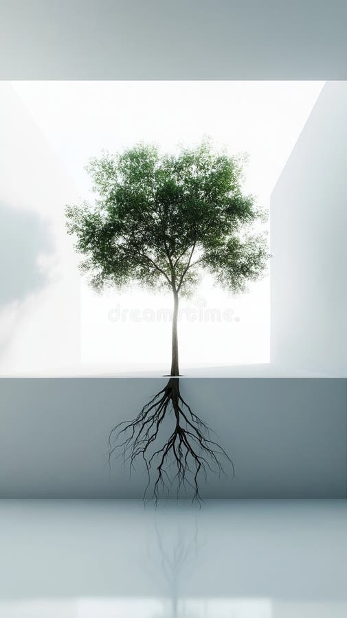 Stunning Minimalist Tree with Exposed Roots in Modern White Space ...