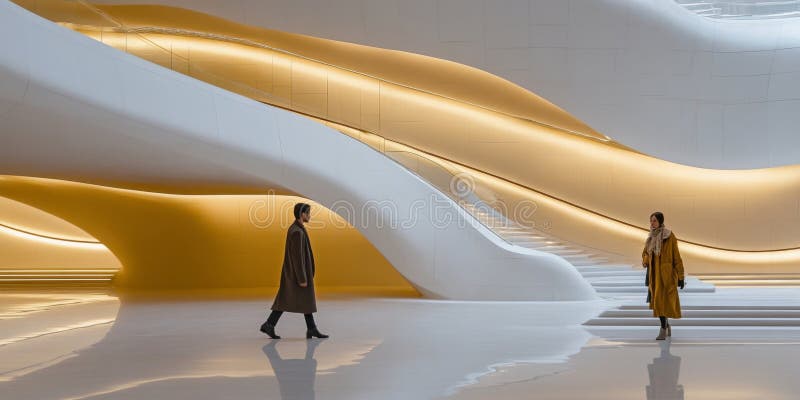 A Stunning Modern Architectural Scene Showcasing Two Figures Walking in ...
