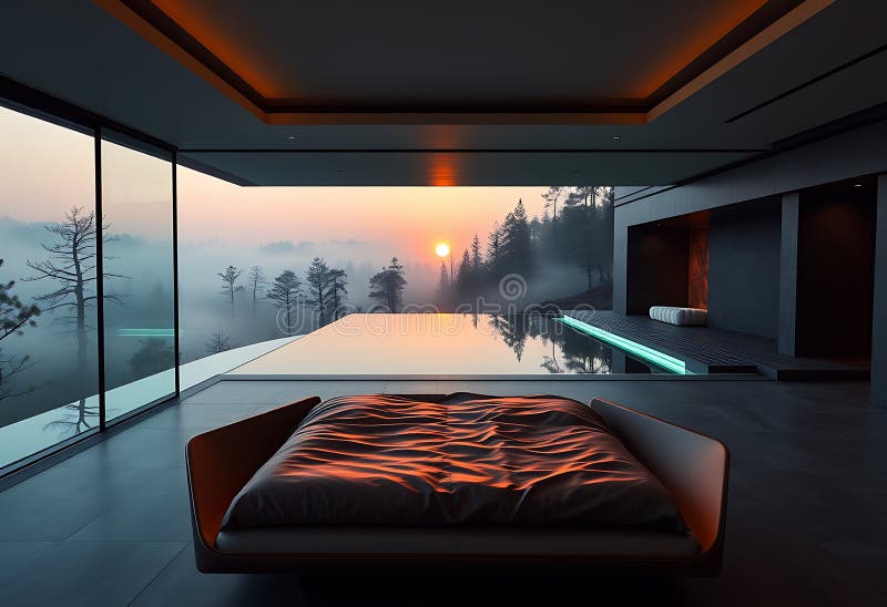 Modern Bedroom with Infinity Pool and Sunrise View. Generative Ai Stock ...
