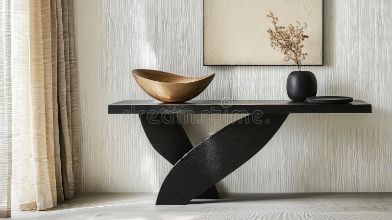 Modern Black Console Table with Unique Design and Wooden Bowl Stock ...