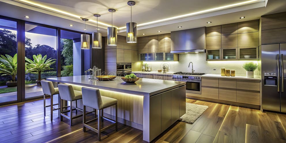 A Stunning Modern Elegant Kitchen Design Open Plan Subtle Lighting and ...