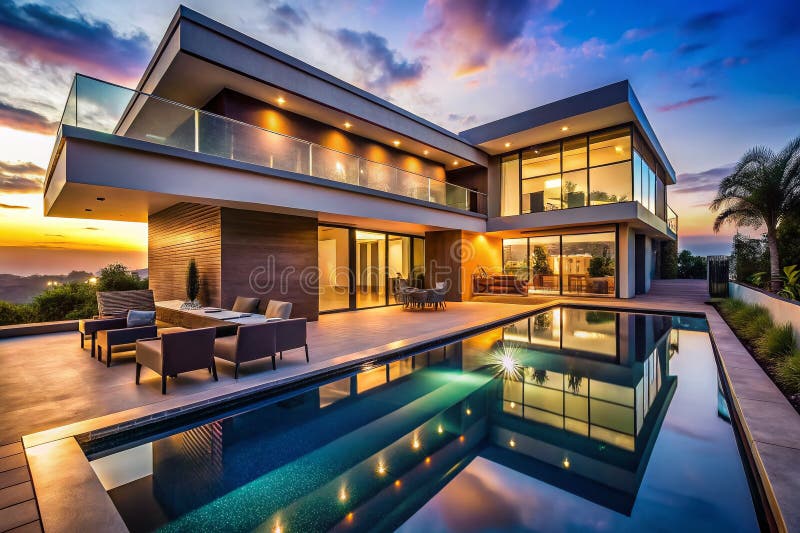 Stunning Modern Home Exterior at Night Infinity Pool Dramatic Lighting ...