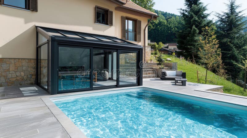 Modern Luxury Home with Sunroom and Infinity Pool Stock Illustration ...