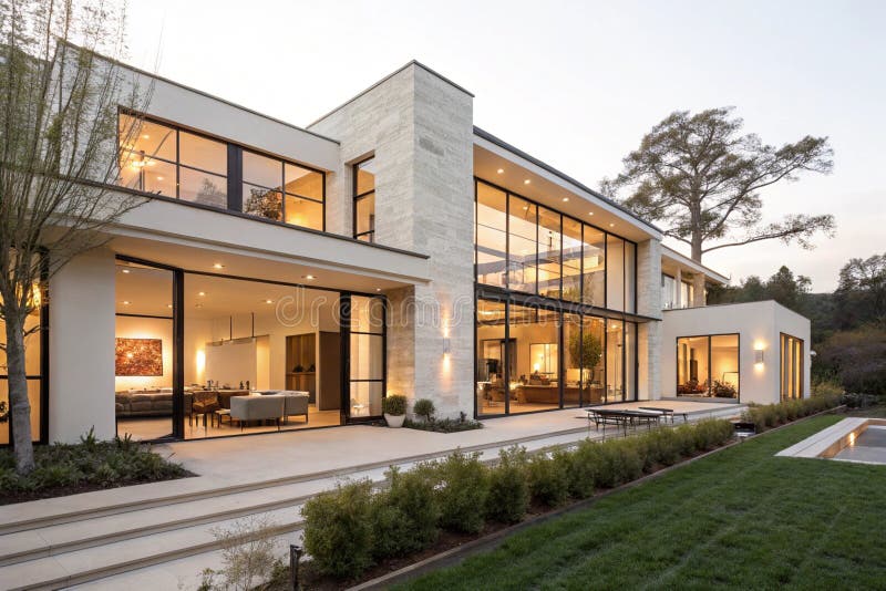 Minimalist Modern Home with Large Windows and Warm Interior Lighting ...