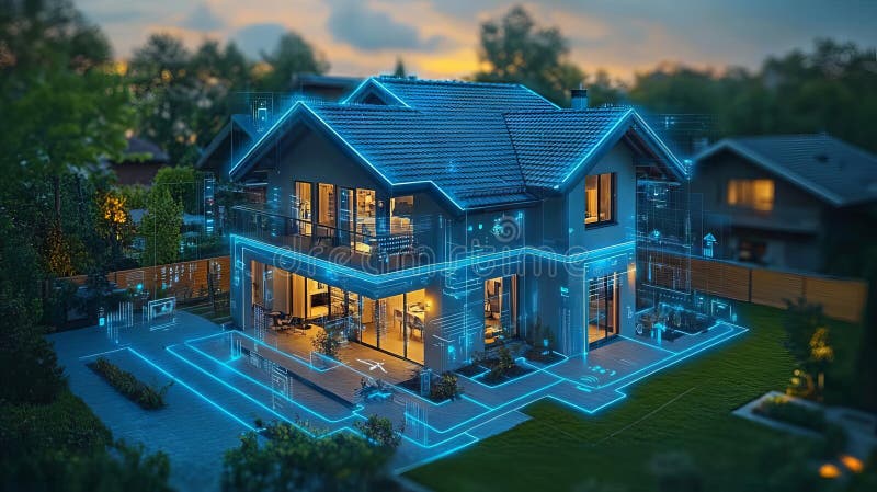 Stunning Modern House Illuminated with Glowing Blue Outlines in an ...