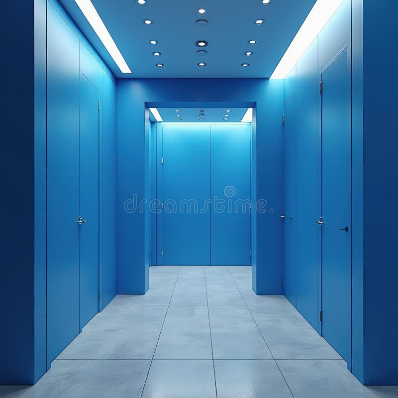 A Stunning Modern Interior Design Featuring Sleek Blue Panels Bright White Lights and a ...