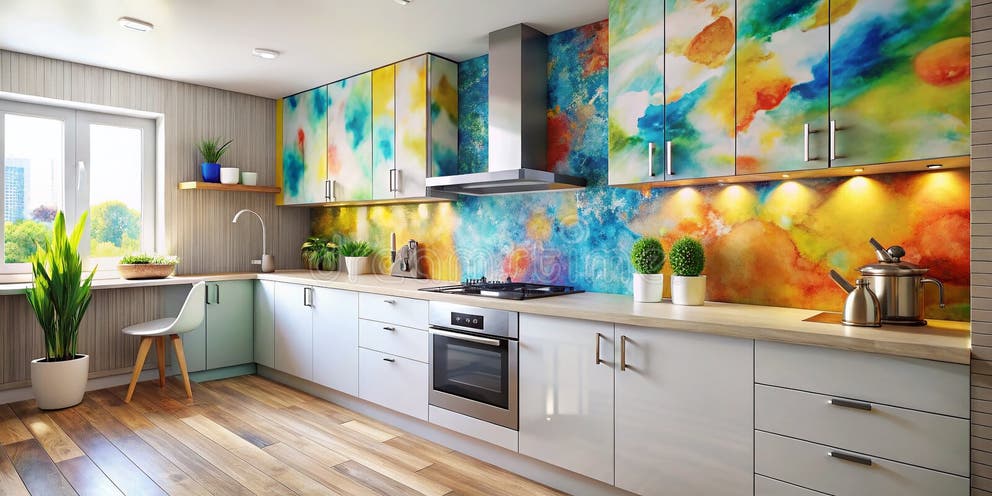 Stunning Modern Kitchen Design with Abstract Watercolor Backsplash and ...