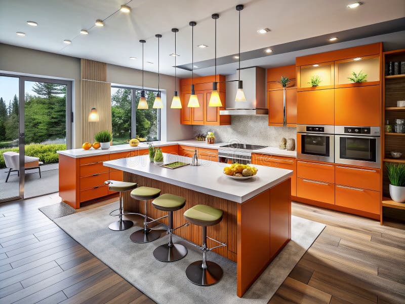 Stunning Modern Kitchen Design Orange Cabinets and White Counters ...